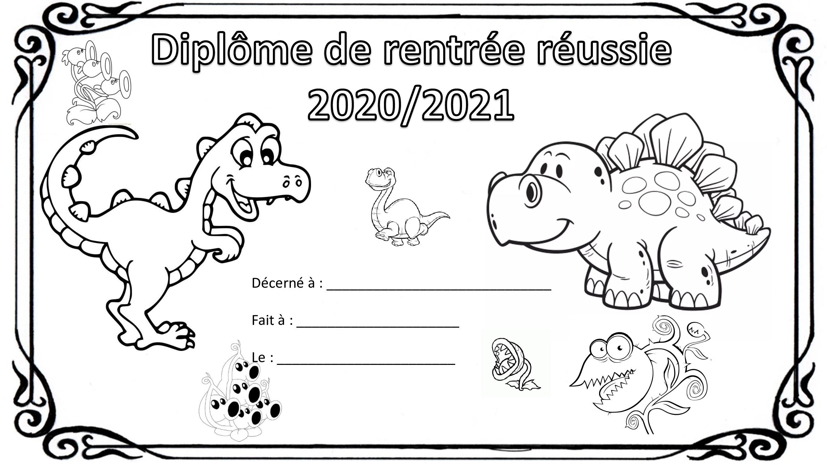 diplôme de la rentrée réussie dinosaures à colorier